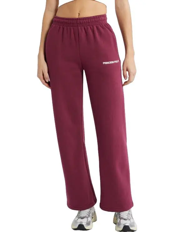 Princess Polly Logo Drawstring Fleece Sweatpants - Burgundy