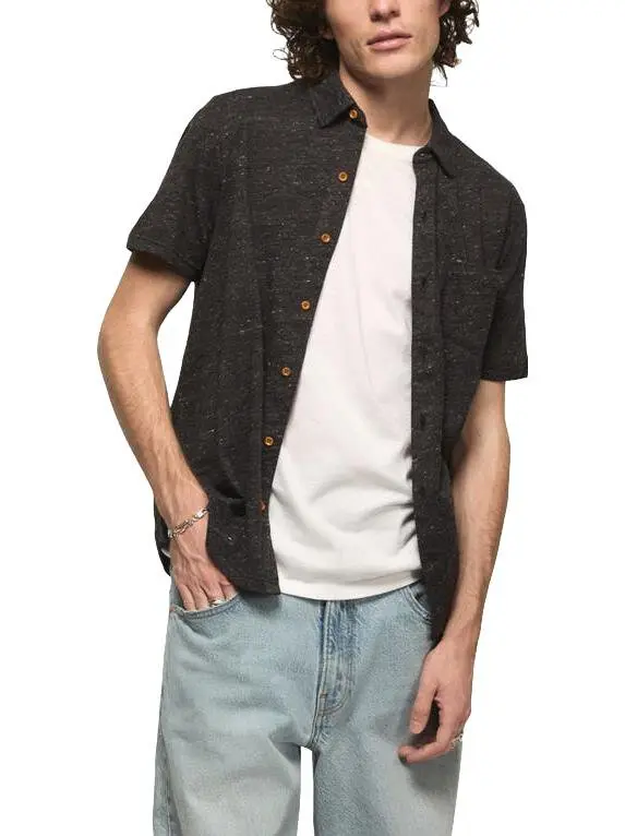 Lucky Brand Slub Knit Short Sleeve Cotton Blend Button-up Shirt - Black