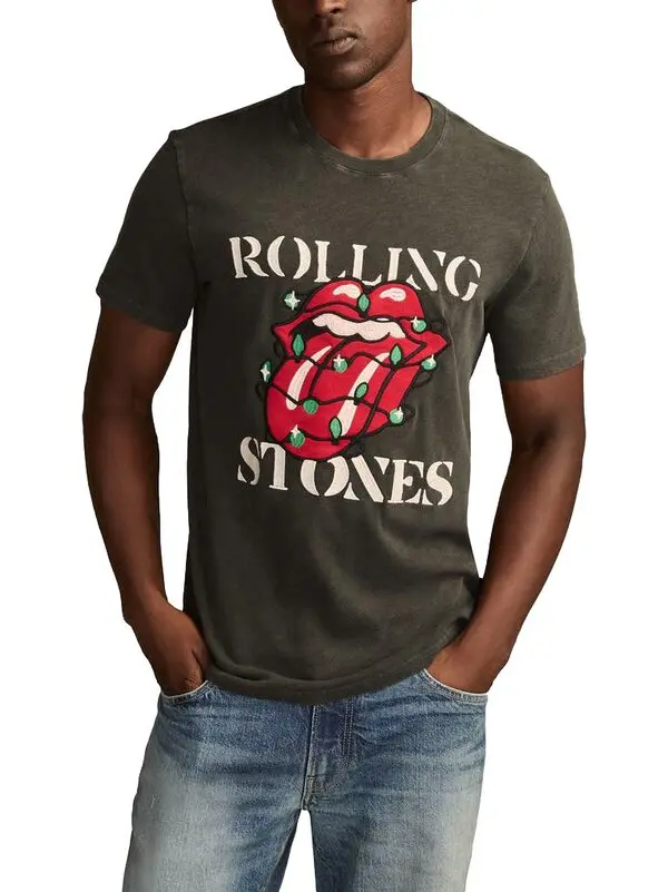 Lucky Brand Rolling Stones Lights Embroidered Appliqué Cotton T-shirt - Raven