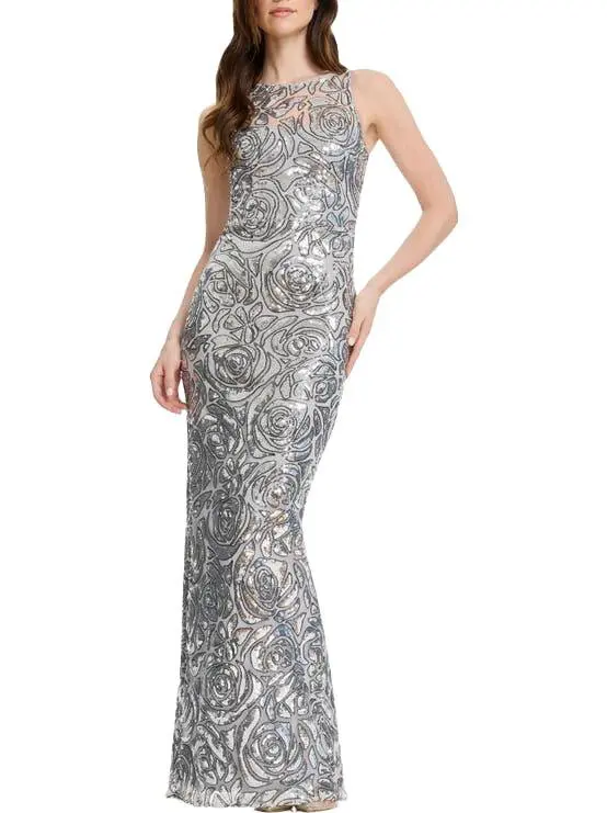Dress The Population Laney Sequin Illusion Neck Column Gown - Silver Multi