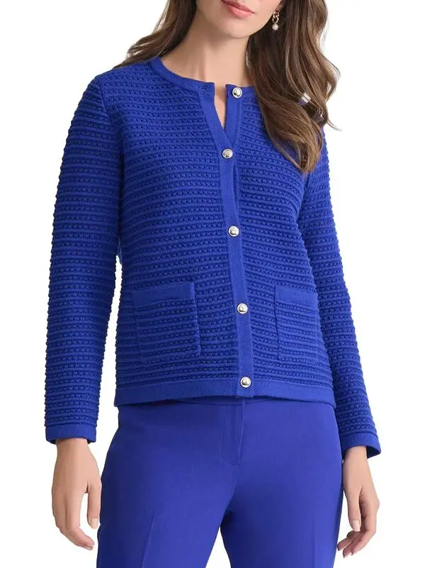 KASPER Pointelle Stitch Button-up Cardigan - Royal Signature