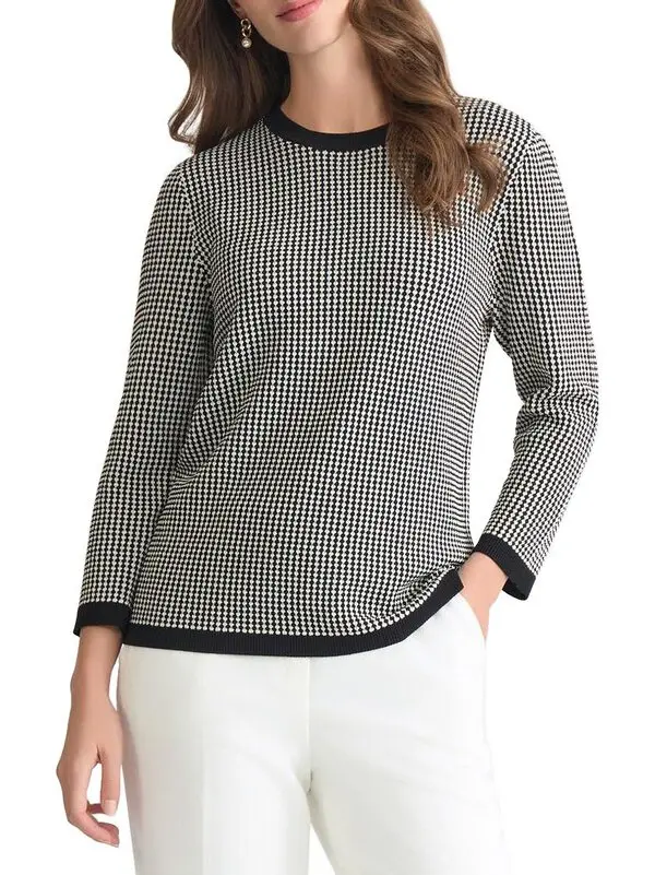 KASPER Geometric Stitch Pullover Sweater - Black/lily White