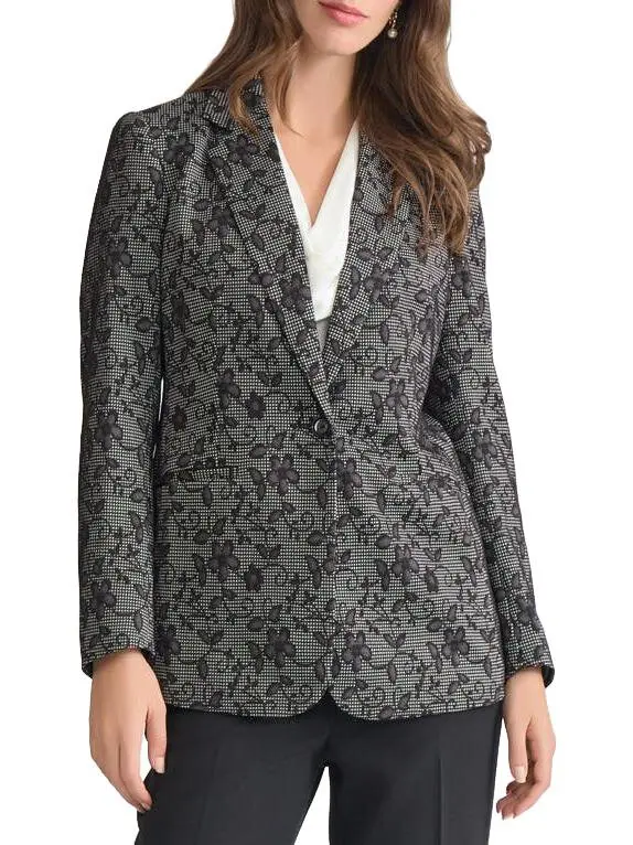 KASPER Floral Notched Lapel Blazer - Black/vanilla Ice