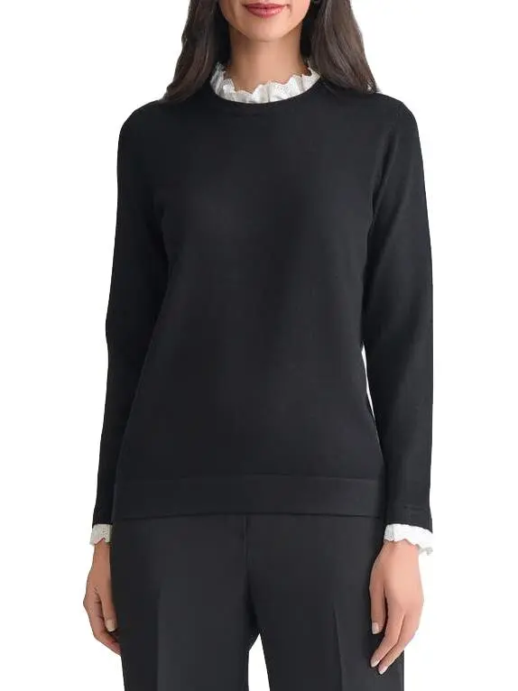 KASPER Contrast Lace Trimmed Crewneck Sweater - Black/lily White