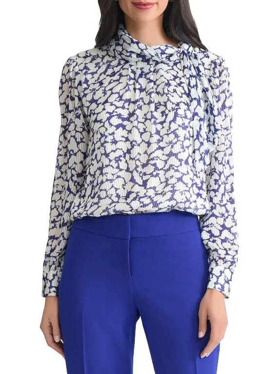 KASPER Tie Neck Long Sleeve Satin Top - Royal Blue/vanilla Ice