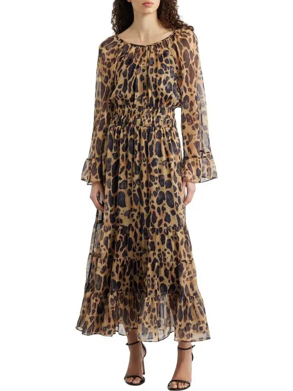MELLODAY Smocked Bell Sleeve Maxi Dress - Black Leopard