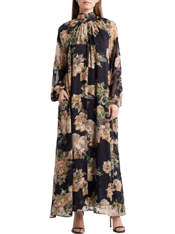 MELLODAY Botanical Tie-neck Maxi Dress - Black Peach Floral