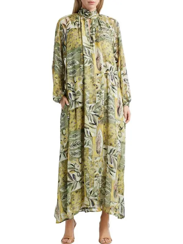 MELLODAY Botanical Tie-neck Maxi Dress - Green Multi Abstract