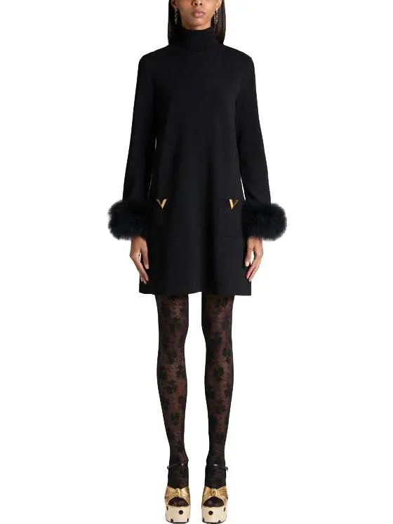 Valentino Garavani Feather Trim Long Sleeve Sweater Minidress - Black