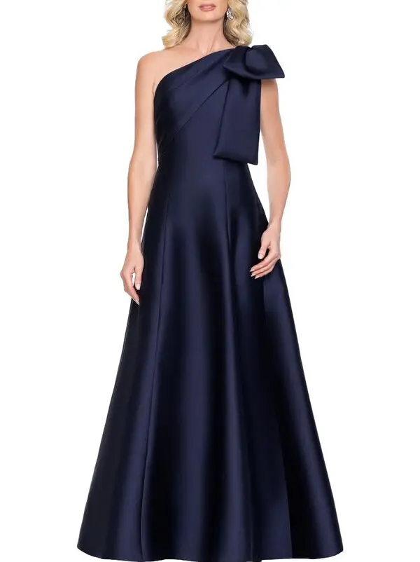 Betsy & Adam Bow Detail One-shoulder Mikado Gown - Navy