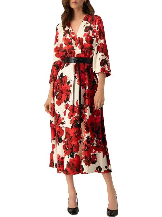 IVONNE Floral Maxi Wrap Dress With Belt - Ivory-red