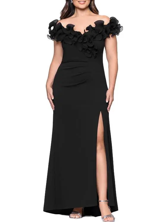 XSCAPE EVENINGS Ruffle Scuba Knit Sheath Gown - Black