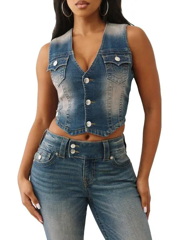 True Religion Cropped Denim Vest - Tinted Medium Wash