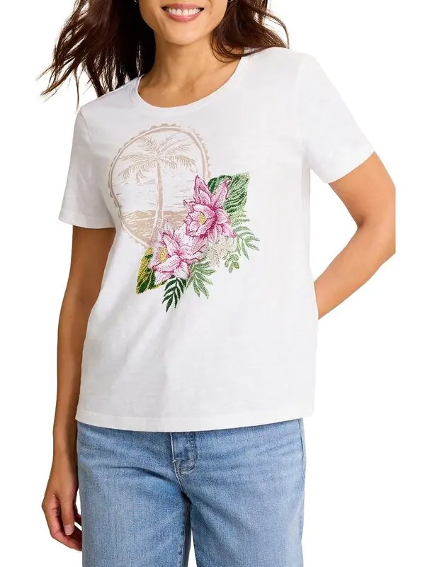 Tommy Bahama Lux Beaded Floral Stamp Graphic T-shirt - White