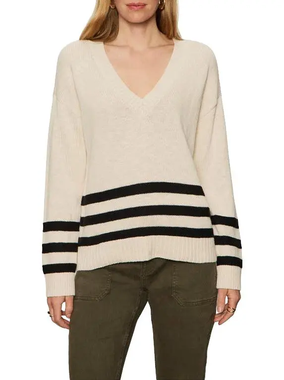 Sanctuary Stripe Hem V-neck Cotton Sweater - Light Oat Beige/black