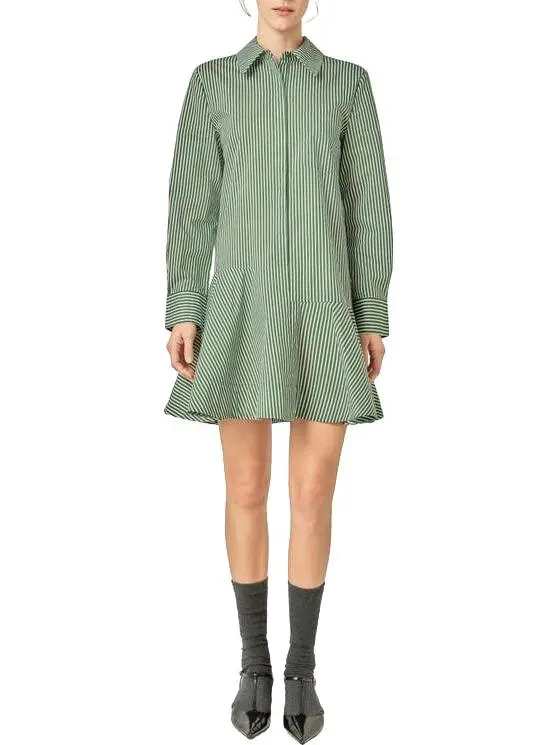 English Factory Stripe Ruffle Hem Shirt Dress - Dark Olive