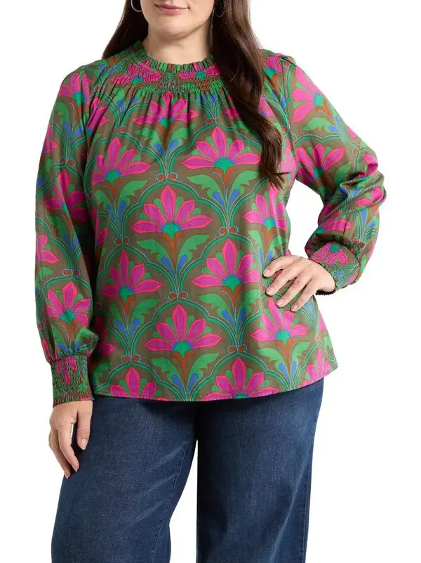 SUGARLIPS Evanna Floral Smocked Top - Kelly-green-pink