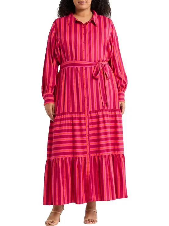 SUGARLIPS Clarisa Mavina Stripe Shirtdress - Fuchsia-orange