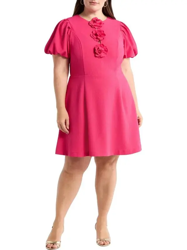 SUGARLIPS Zemira Rosette Bubble Sleeve Minidress - Fuchsia