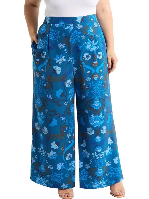 SUGARLIPS Palmate Pluma Floral Print Wide Leg Pants - Teal-blue