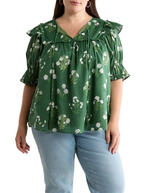 SUGARLIPS Kestrel Auria Floral Ruffle Puff Sleeve Top - Cream-green