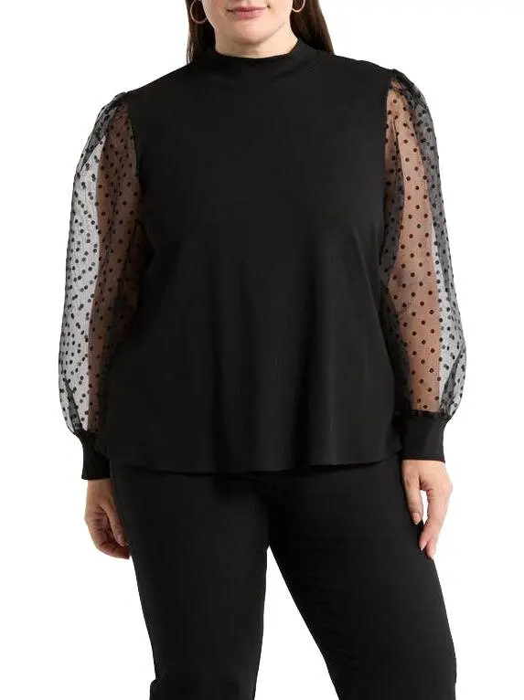 SUGARLIPS Swiss Dot Chiffon & Rib Top - Black
