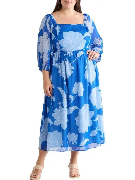 SUGARLIPS Floral Puff Sleeve Midi Dress - Cobalt-blue