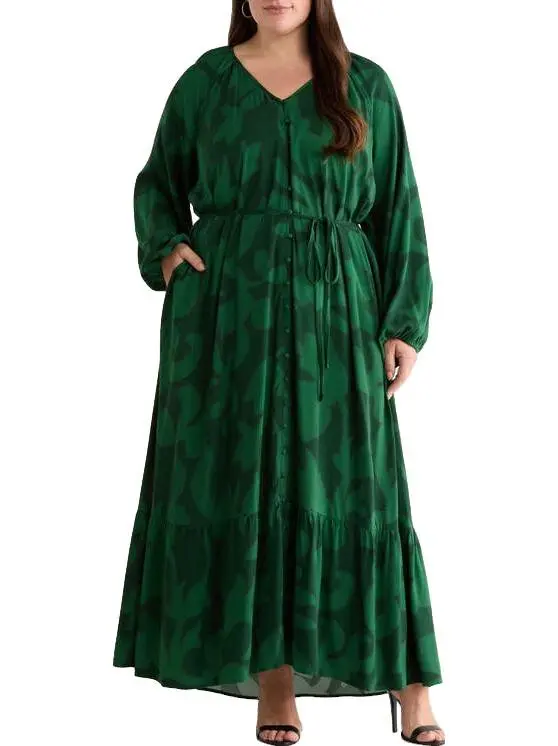SUGARLIPS Abstract Print Long Sleeve Dress - Emerald
