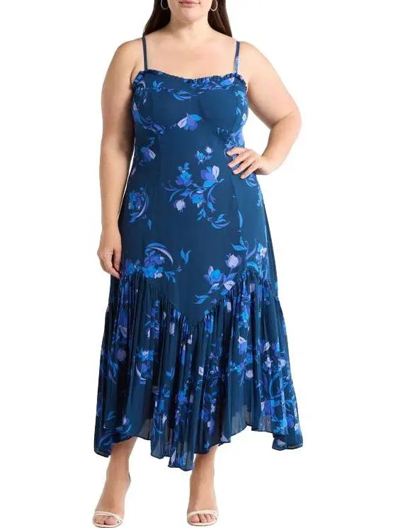 SUGARLIPS Niva Floral Hendra Pleated Midi Dress - Navy-blues