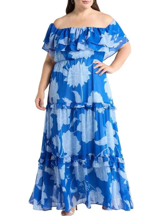 SUGARLIPS Floral Off-the-shoulder Maxi Dress - Cobalt-blue