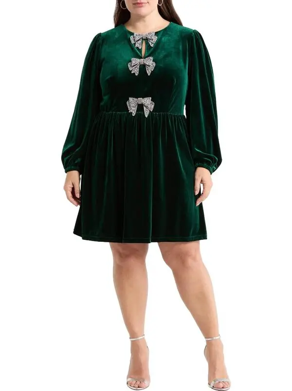 SUGARLIPS Velvet Long Sleeve Mini Dress With Bows - Emerald