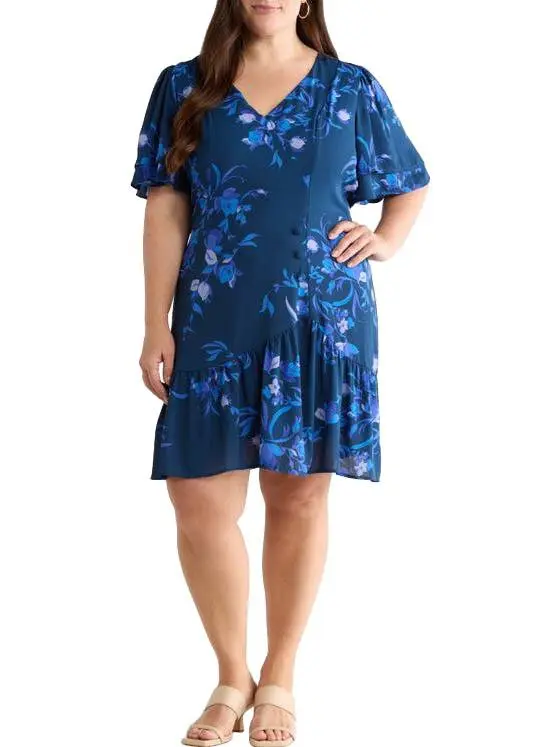 SUGARLIPS Niva Floral Print Faux Wrap Dress - Navy-blues