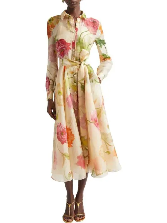 Carolina Herrera Poppy Print Belted Silk Organza Shirtdress - Almond Multi