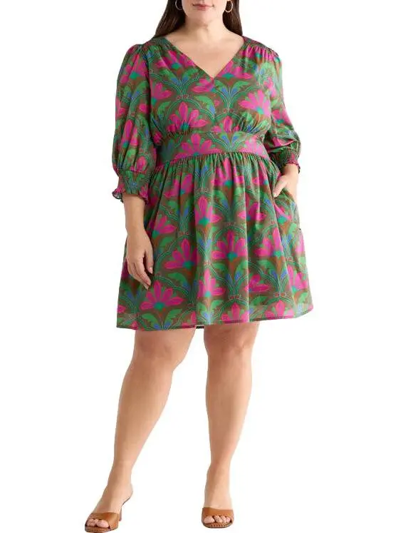 SUGARLIPS Evanna Floral Print Long Sleeve Dress - Kelly-green-pink