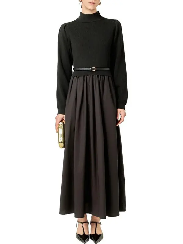 English Factory Belted Long Sleeve Dress - Black