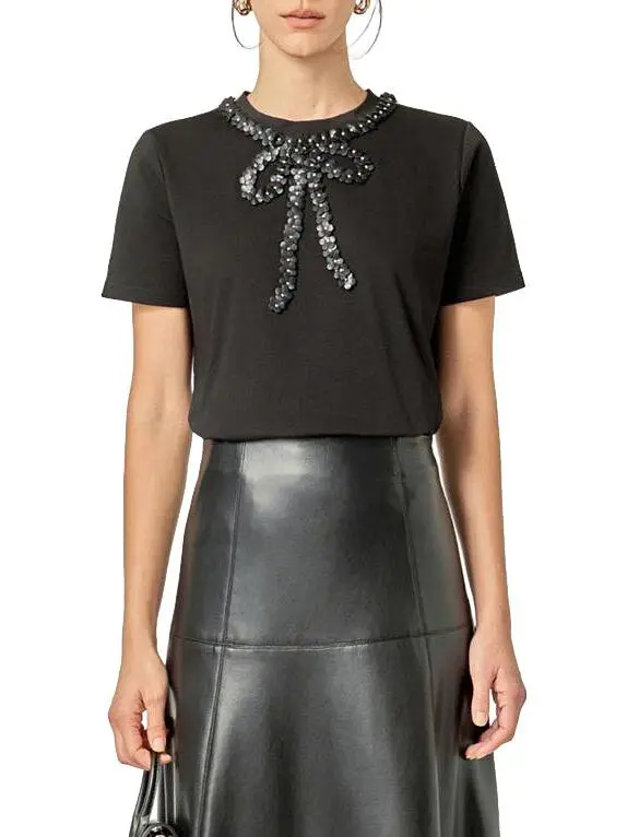 English Factory Embellished Floral Bow Top - Black