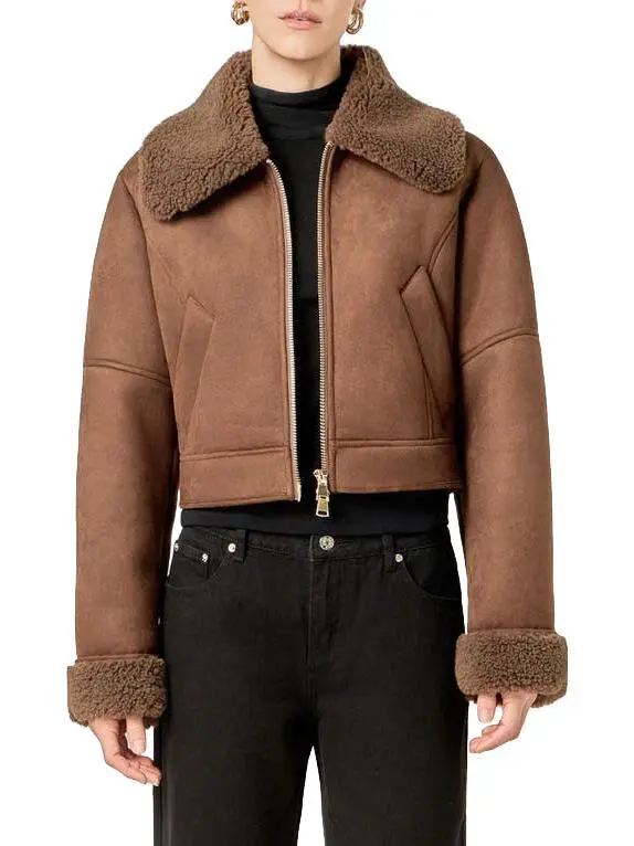 English Factory Faux Shearling Trim Moto Jacket - Brown