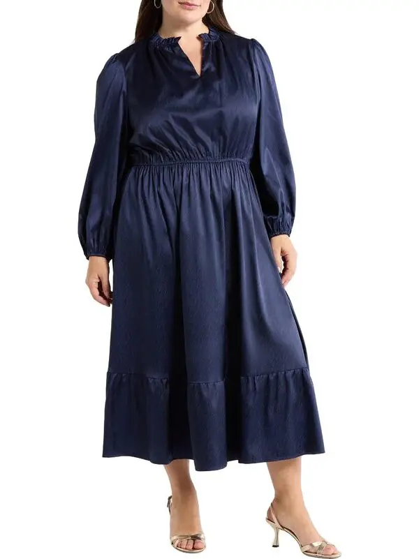 SUGARLIPS Fabiola Long Sleeve Satin Midi Dress - Navy