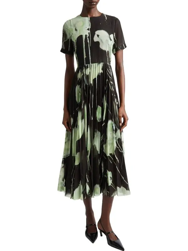 JASON WU Watercolor Floral Pleated Chiffon A-line Dress - Black/light Jade