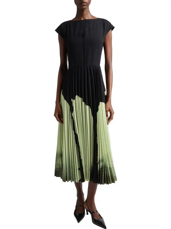 JASON WU Watercolor Floral Pleated A-line Dress - Nori/light Jade Multi