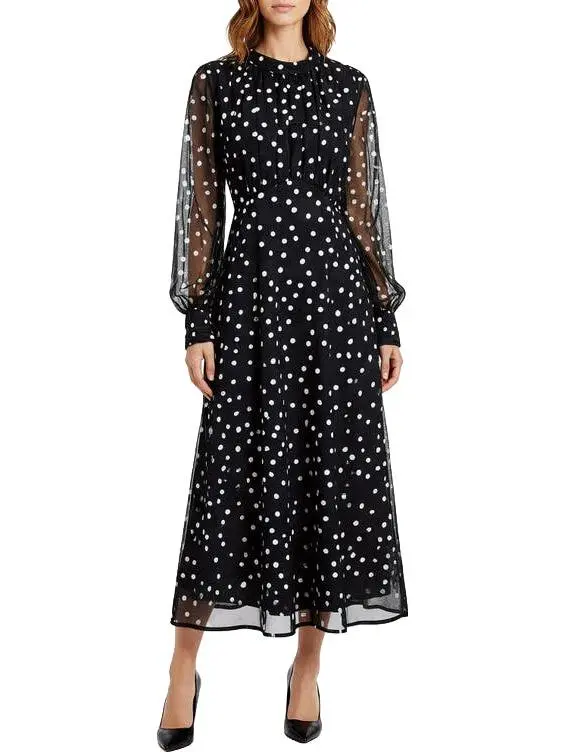 QUINCY MAE Polka Dot Long Sleeve Midi Dress - Black Dot