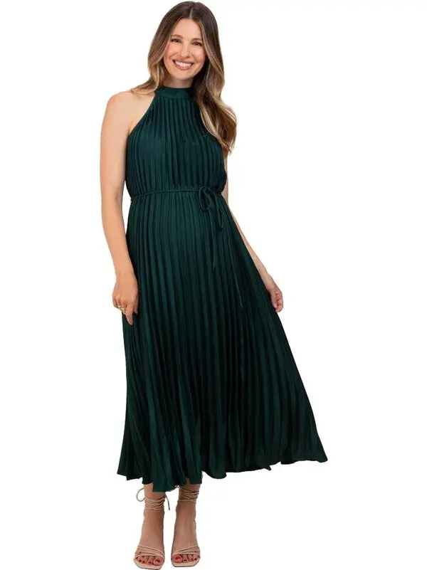 PINKBLUSH Pleated Halter Maternity Dress - Forest Green