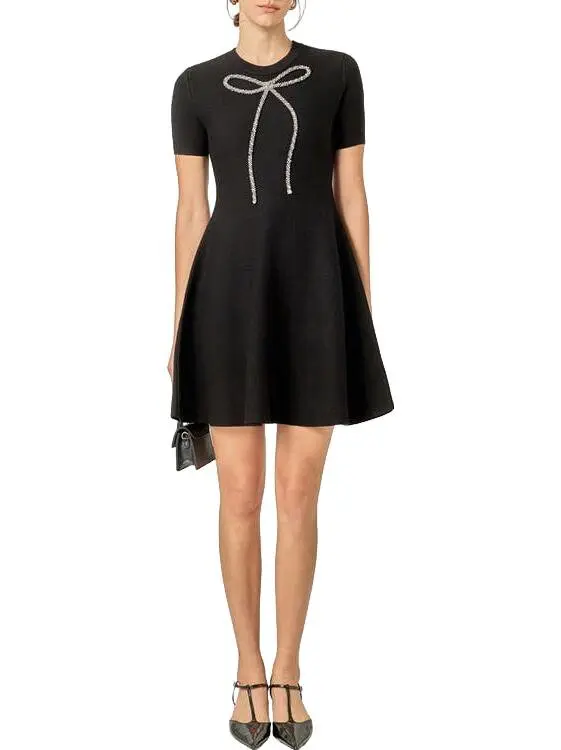 English Factory Rhinestone Bow Knit Fit & Flare Dress - Black