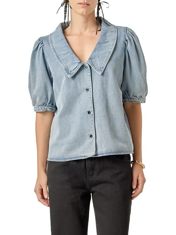 English Factory Peter Pan Collar Denim Top - Blue