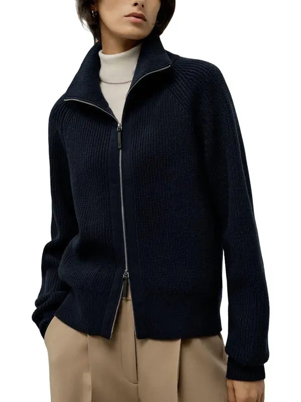Lilysilk Ribbed-knit Turtleneck Zip Cardigan - Navy Blue