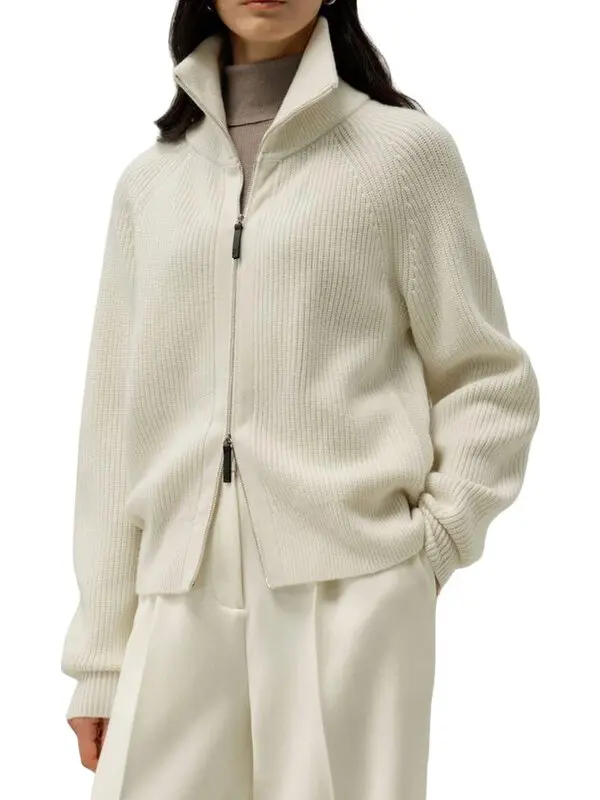 Lilysilk Ribbed-knit Turtleneck Zip Cardigan - White