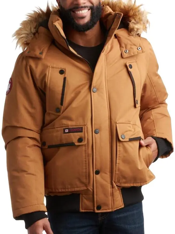 CANADA WEATHER GEAR Heavyweight Bomber Jacket With Faux Fur Hood - Fresh Oak