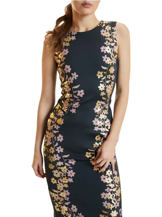 Cynthia Rowley Sleeveless Floral Midi Dress - Black/gold
