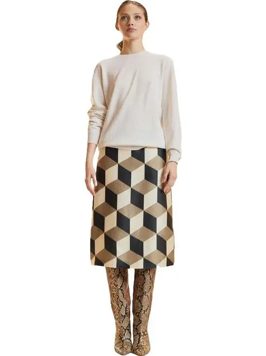 Cynthia Rowley Geometric Silk-wool Blend Midi Skirt - Geo Black/camel Combo