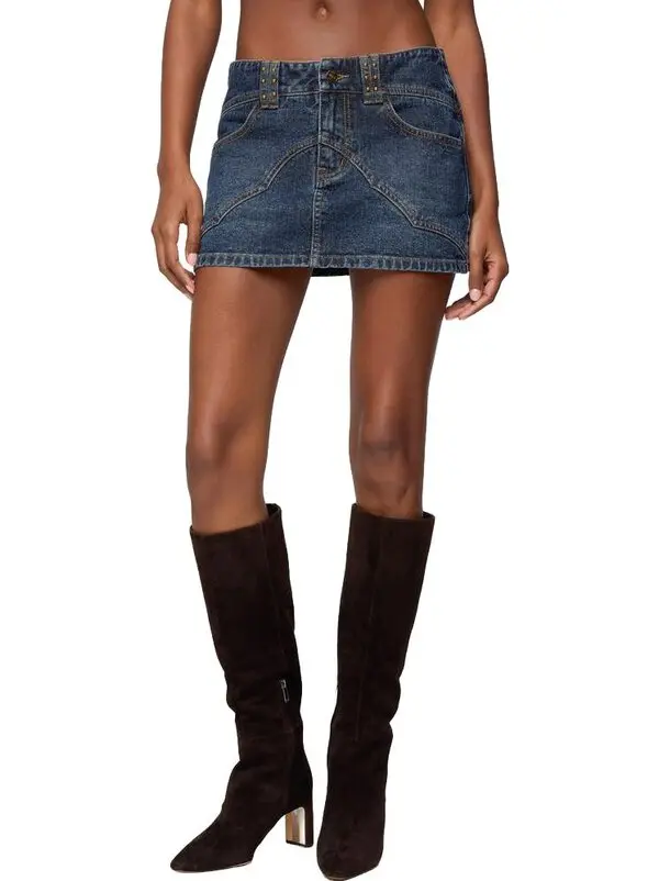 EDIKTED Tory Western Low Rise Denim Miniskirt - Dark-blue